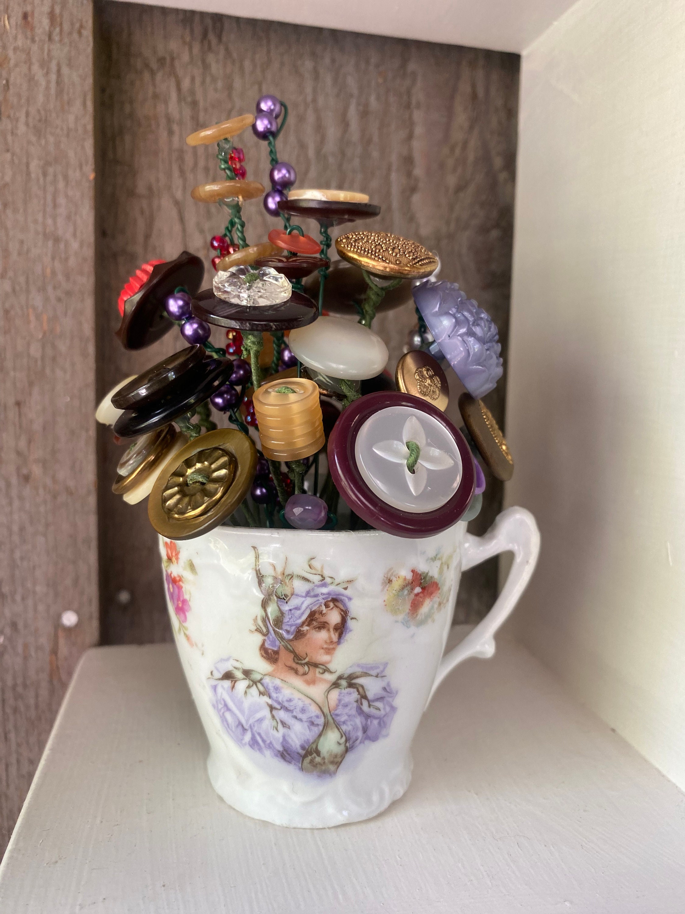 Vintage Tea Cup With Button Bouquet, Button Flower Art Decoration ...