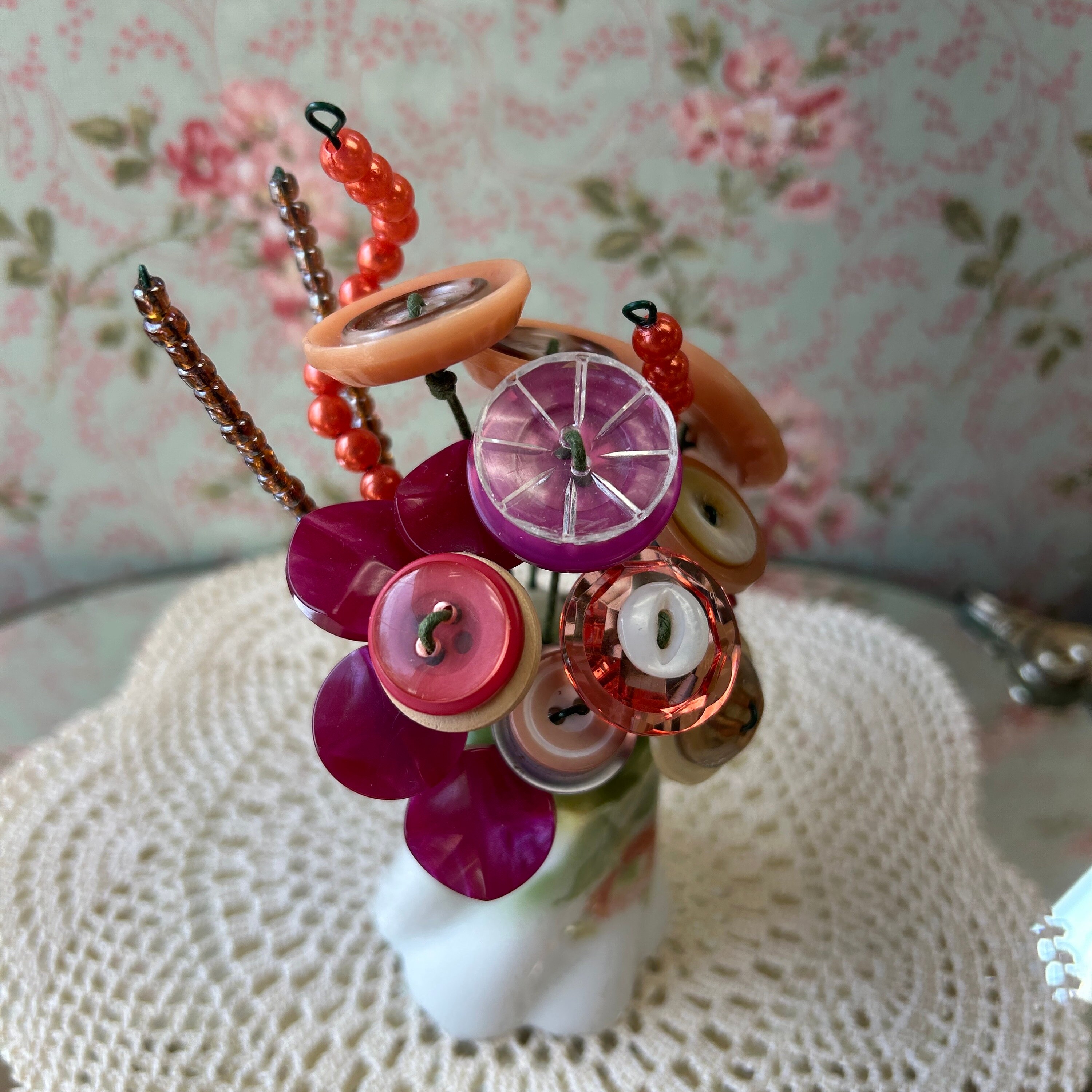 Shabby Chic Button Bouquet in Vintage Shaker, Hatpin Holder, Button Art ...