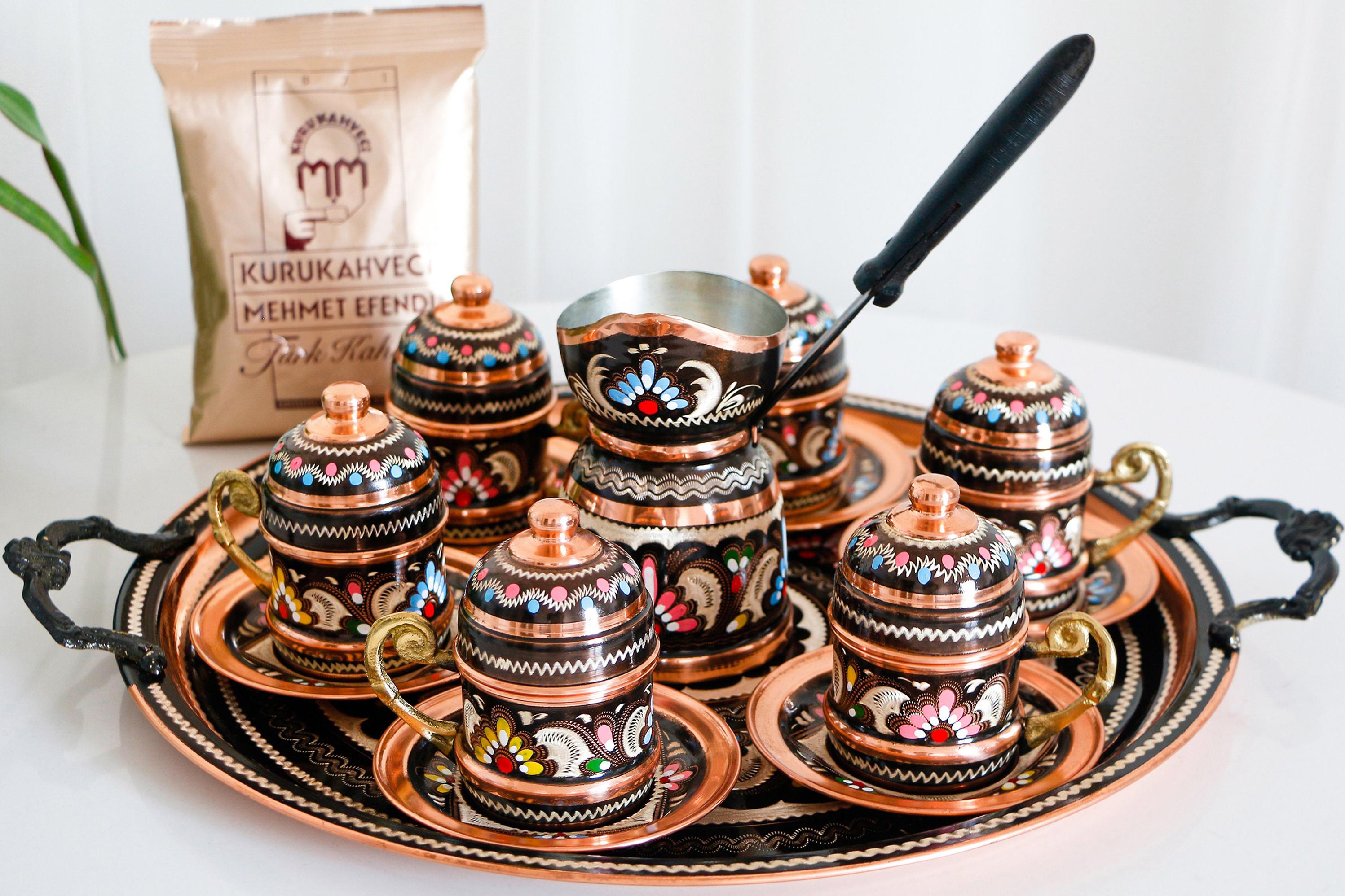 Turkish Coffee Set for 6 With Copper Coffee Pot and Traditional Turkish ...