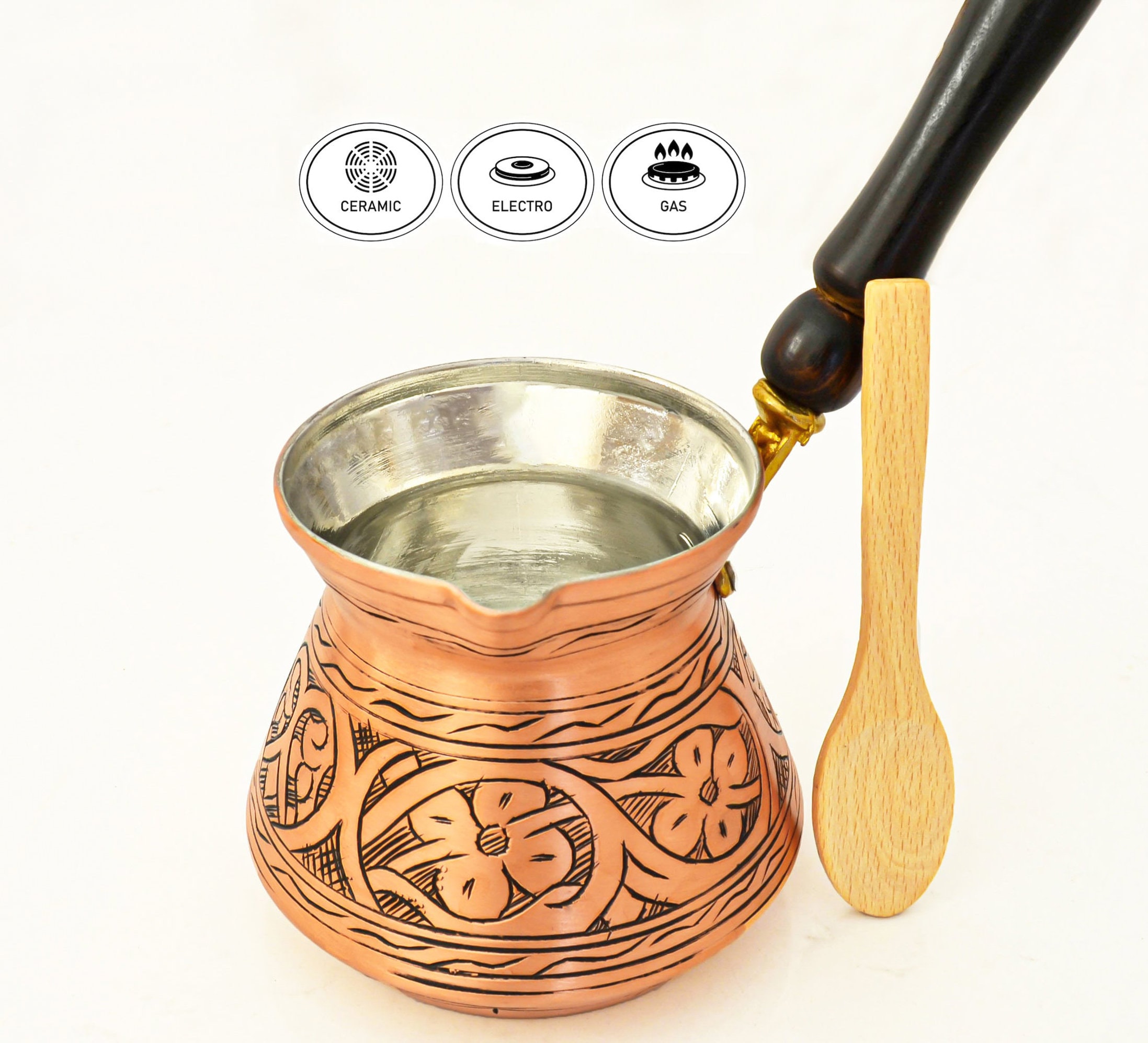 Thickest Solid Copper Coffee Pot With Wooden Handle, Turkish Greek ...