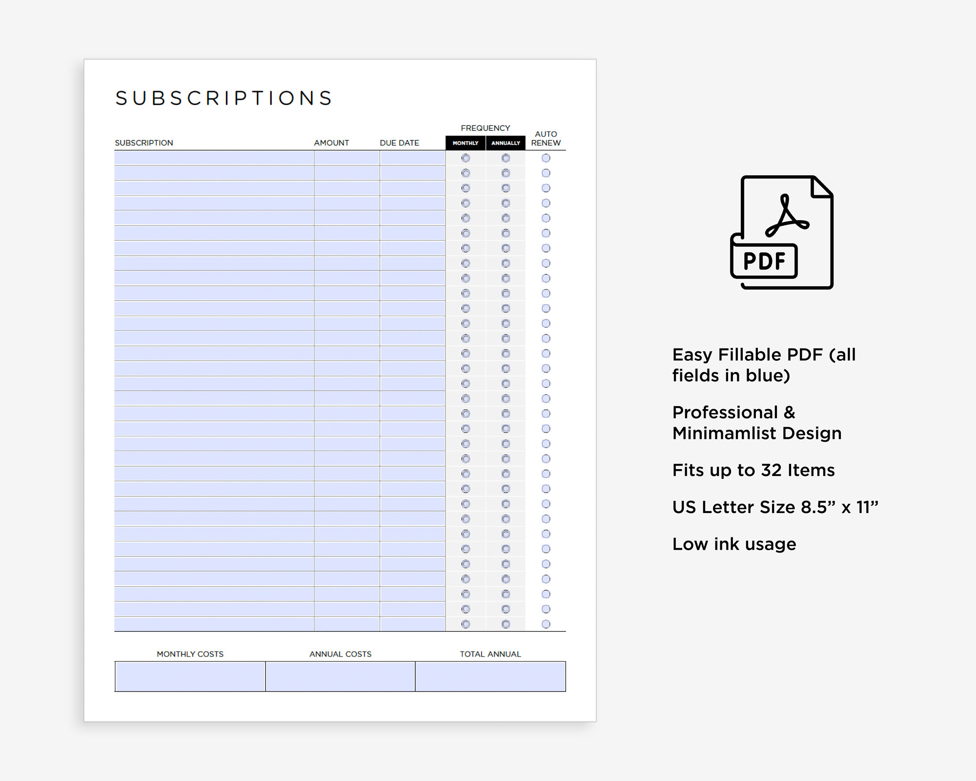 Printable Subscription Tracker PDF, Fillable Monthly Subscription ...