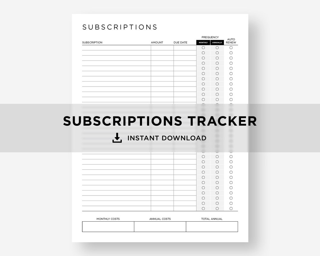 Printable Subscription Tracker PDF, Fillable Monthly Subscription ...