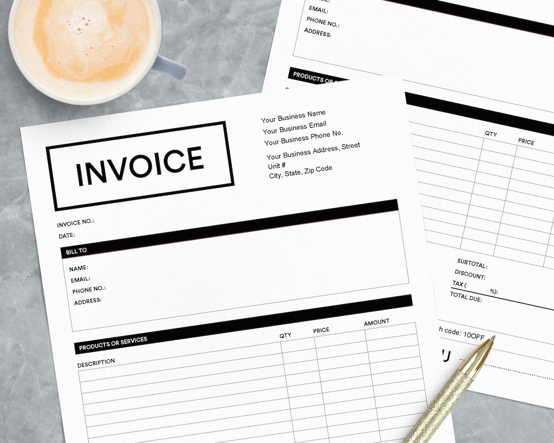 Invoice Template PDF, Printable Black & White Professional Business ...