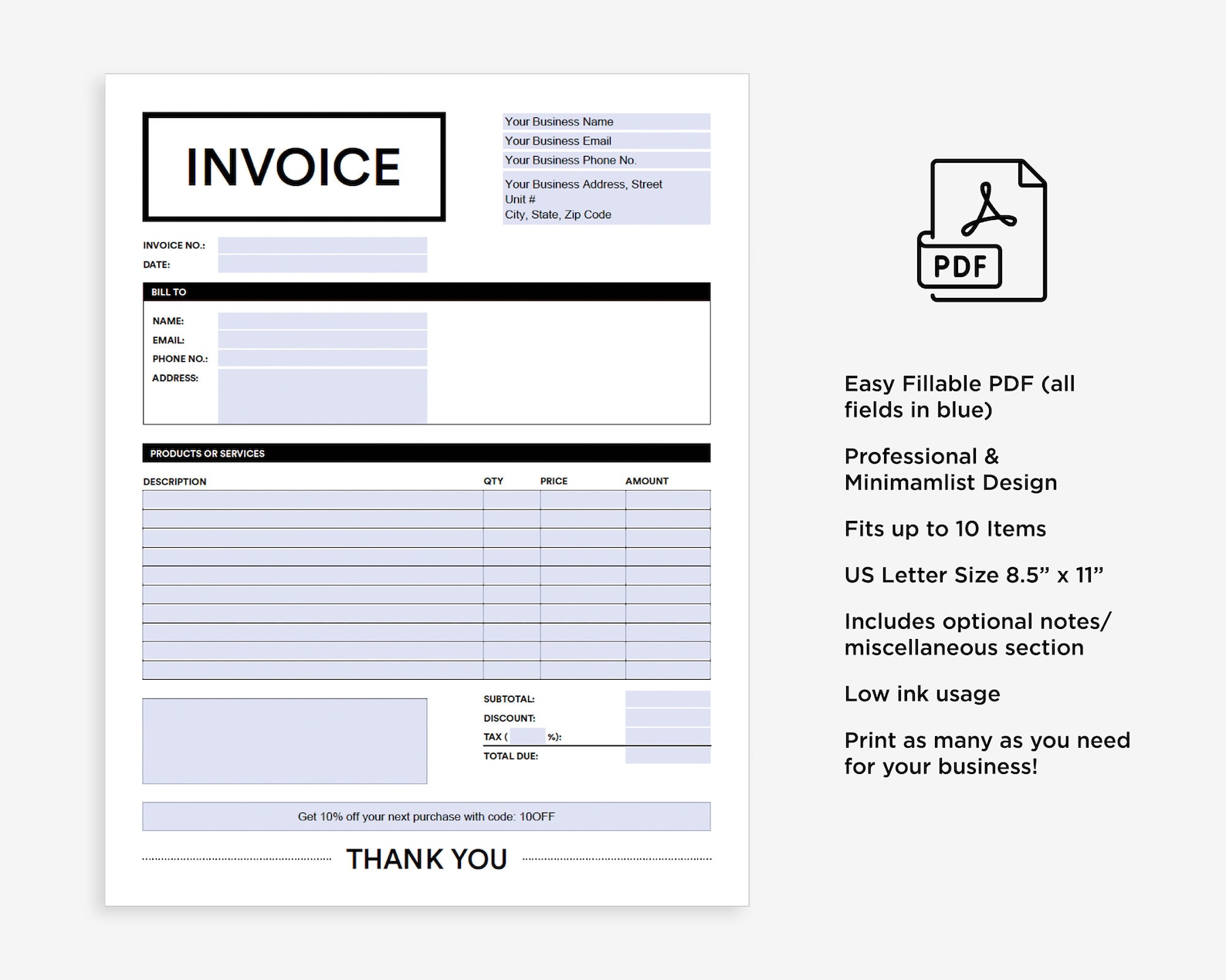 Invoice Template PDF, Printable Black & White Professional Business ...