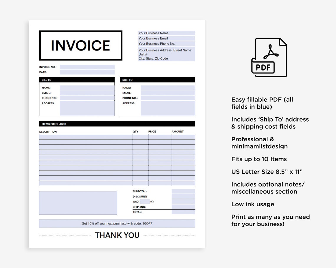 Invoice Template PDF, Printable Black & White Professional Business ...