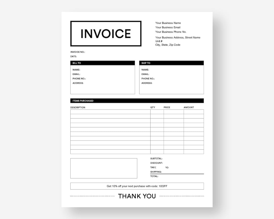 Invoice Template PDF, Printable Black & White Professional Business ...