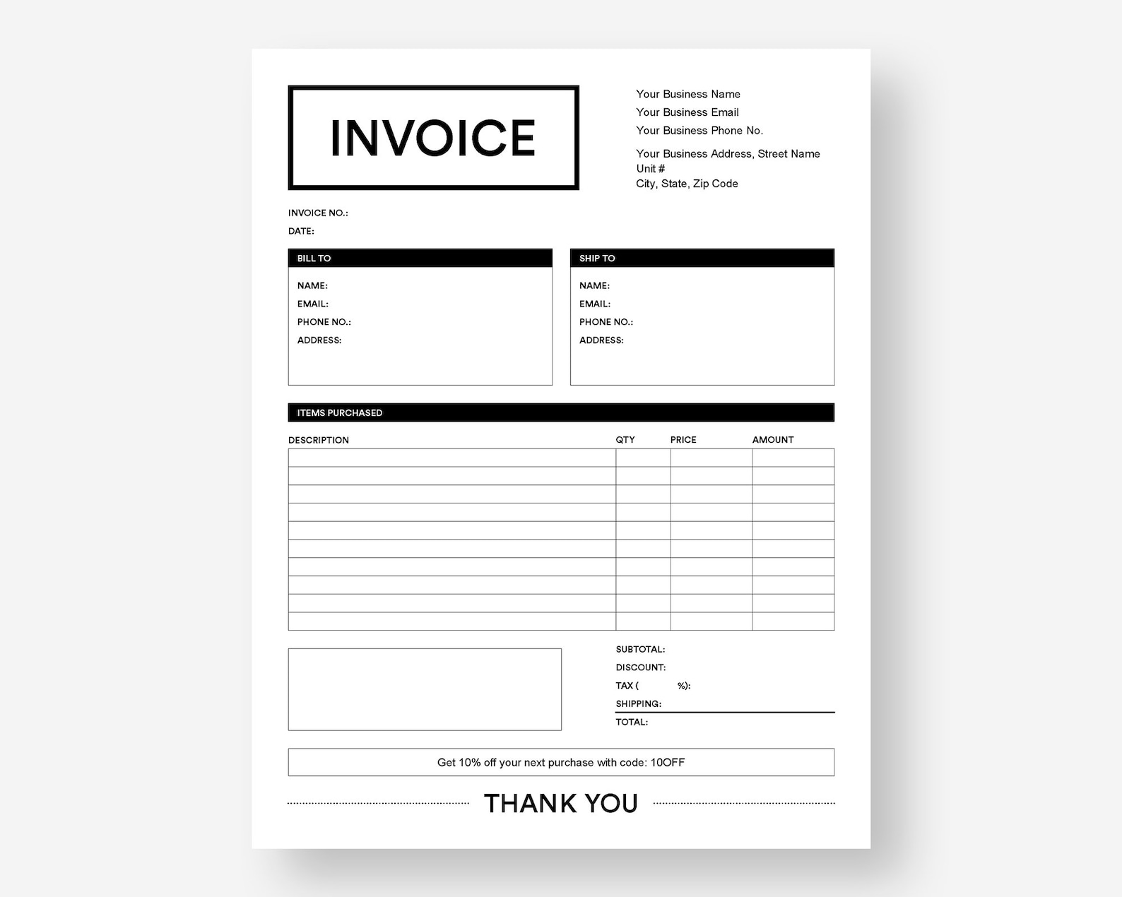 Invoice Template PDF, Printable Black & White Professional Business ...