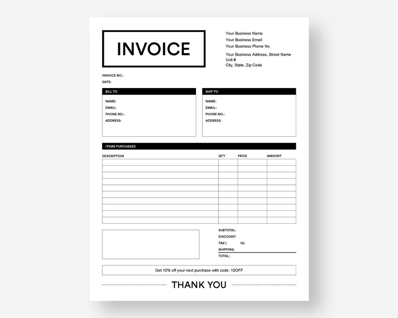 Invoice Template PDF, Printable Black & White Professional Business ...