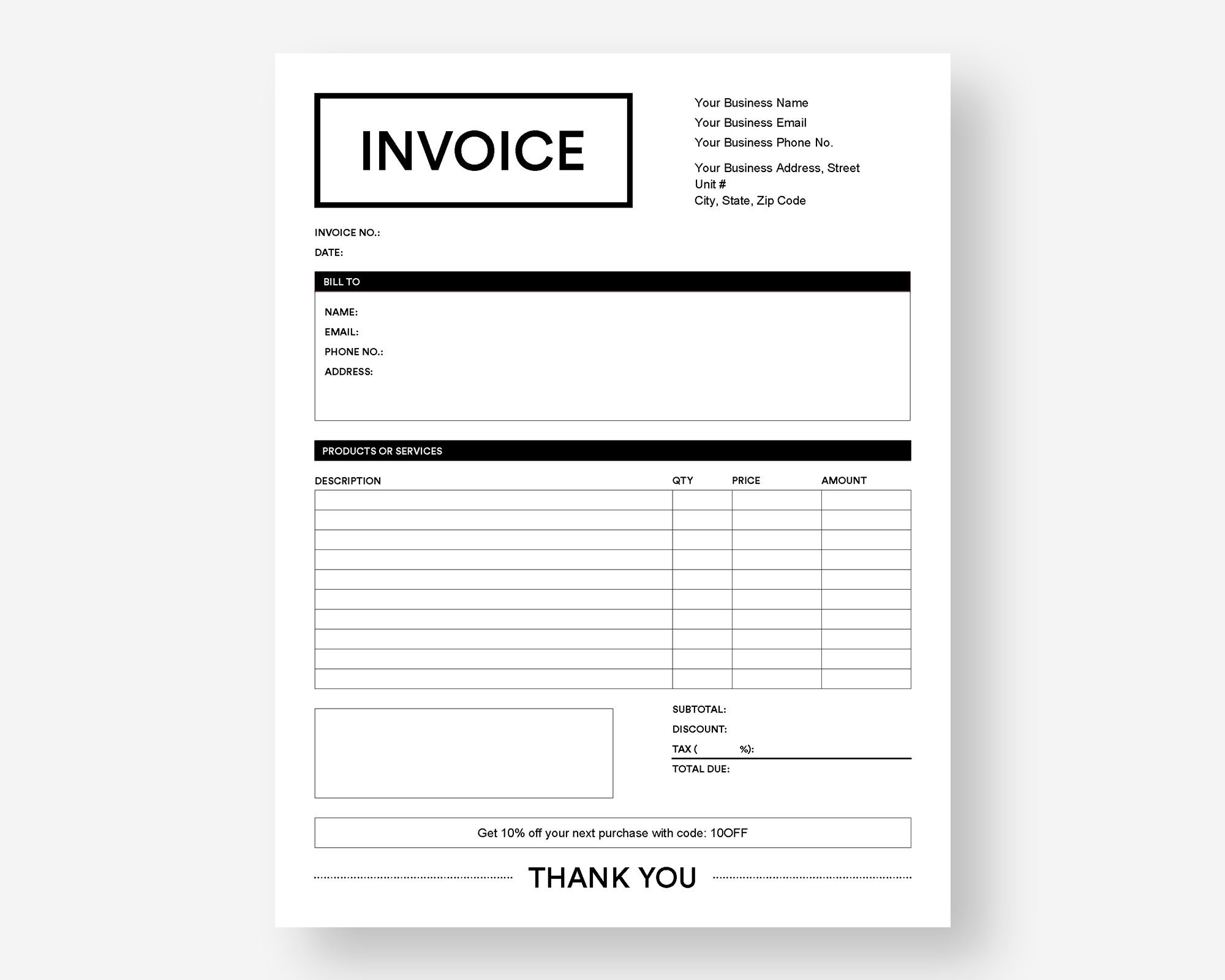 Invoice Template PDF, Printable Black & White Professional Business ...
