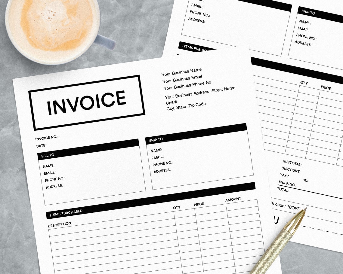 Invoice Template PDF, Printable Black & White Professional Business ...