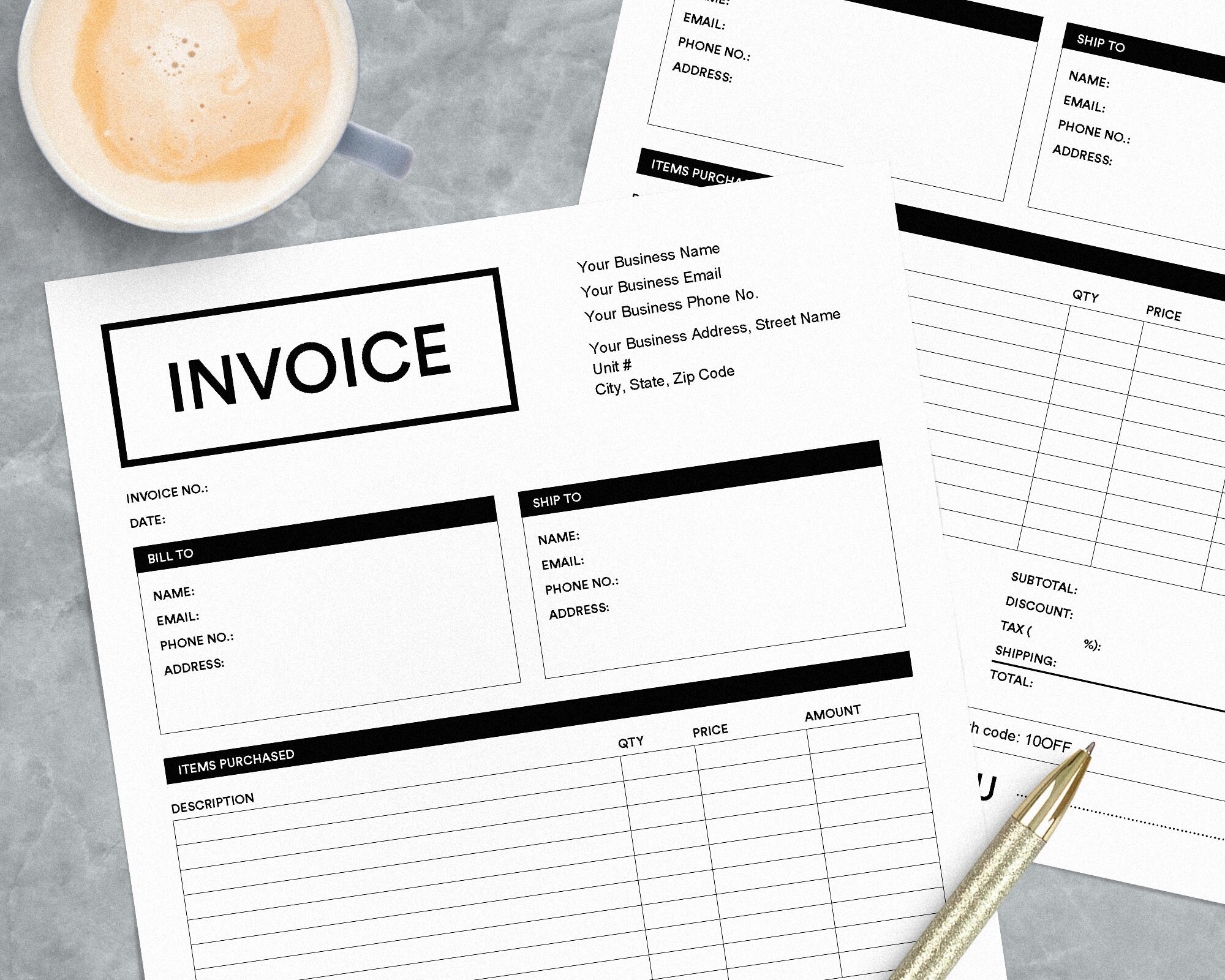 Invoice Template PDF, Printable Black & White Professional Business ...
