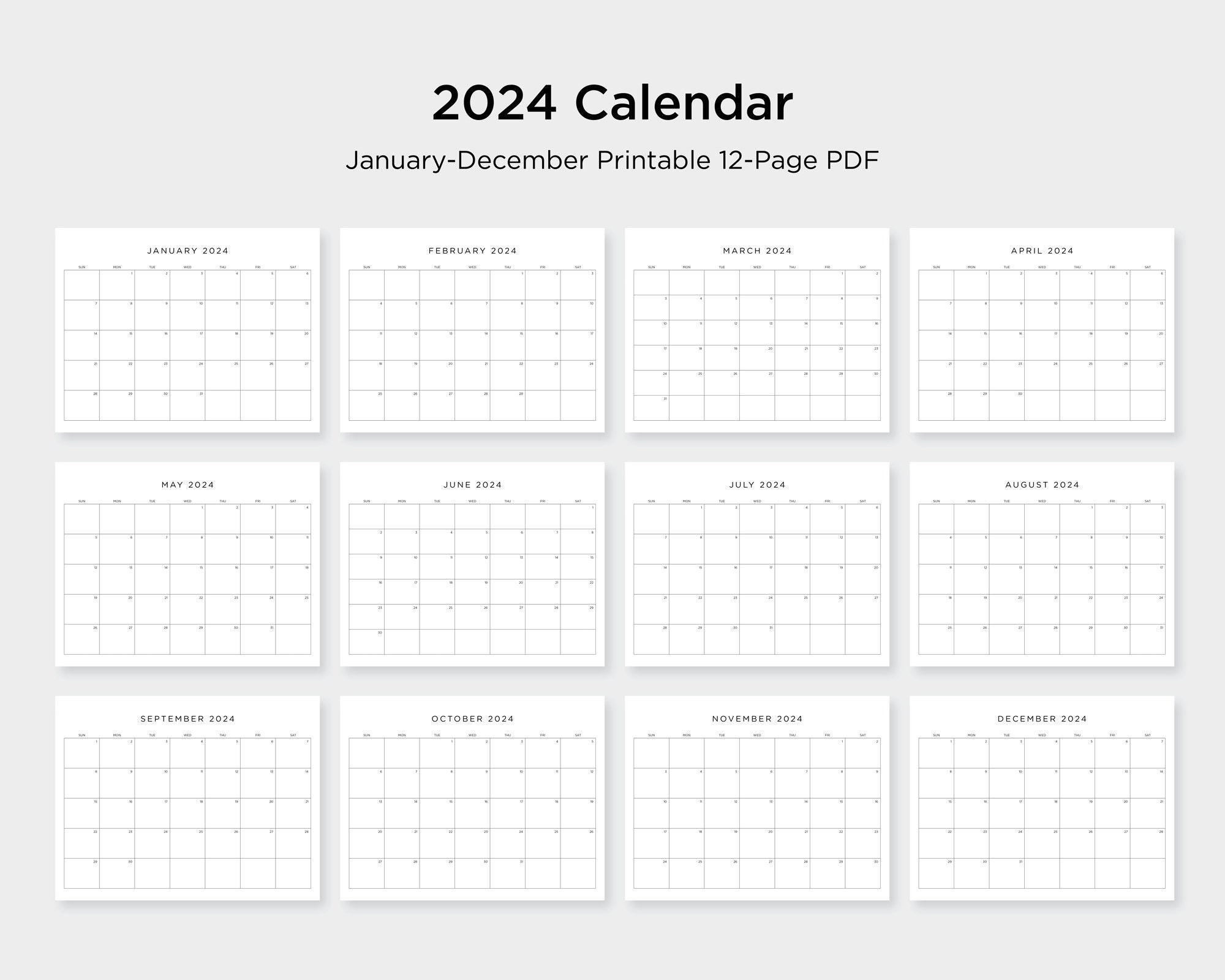 2024 Monthly Calendar Printable, 2024 Monthly Planner, Minimalist ...