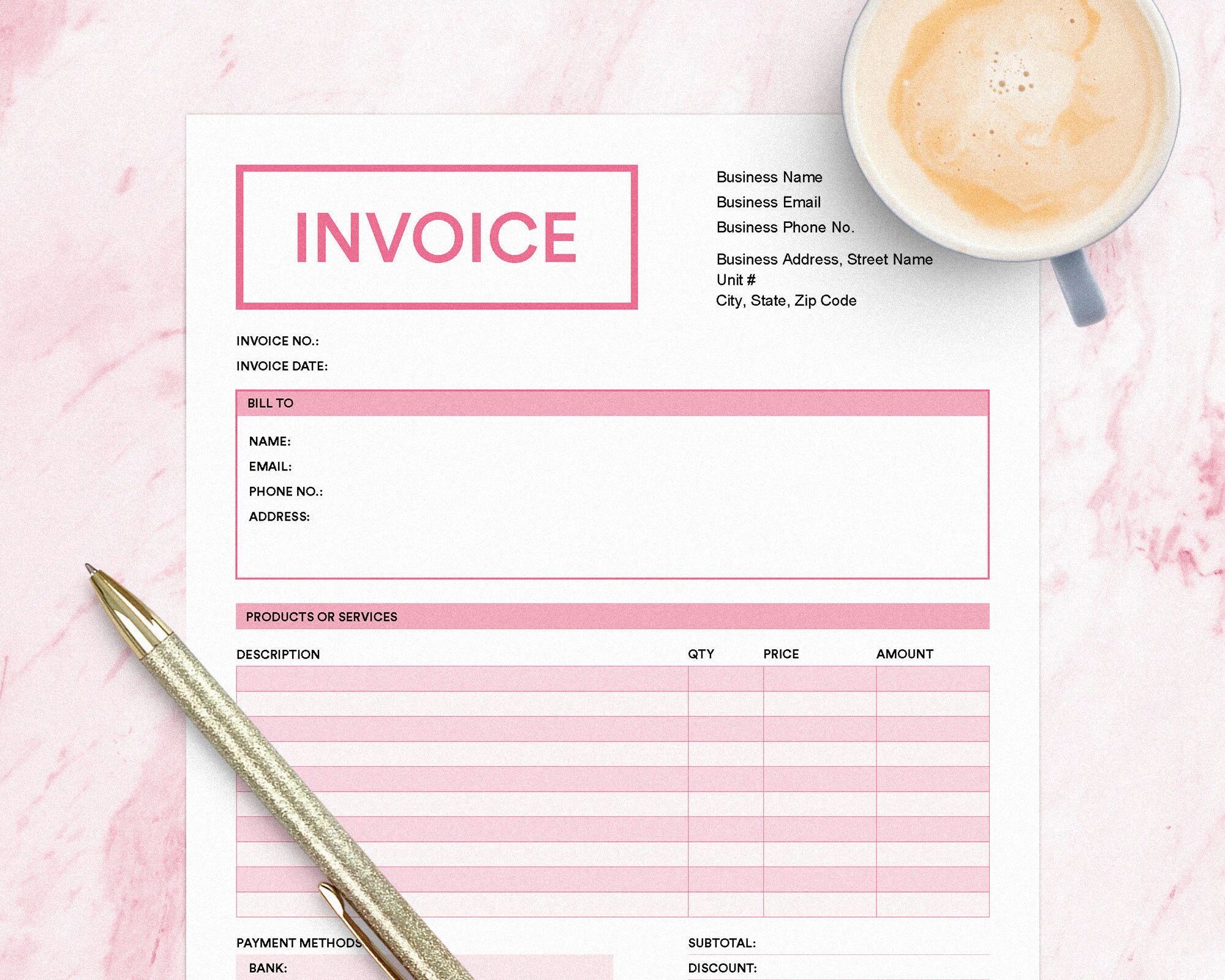 Pink Invoice Template PDF, Professional Business Invoice Form ...