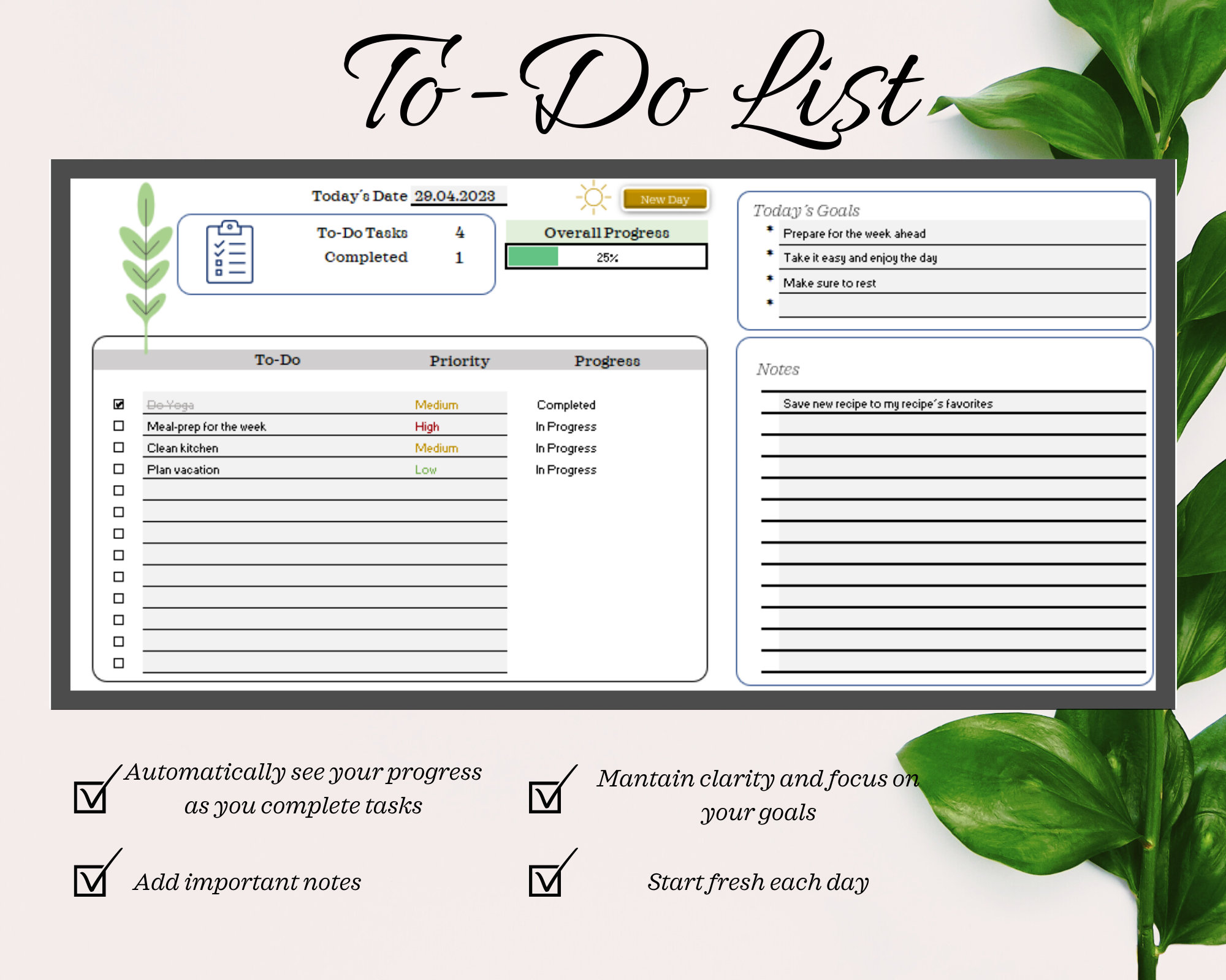 Excel to Do List Template, Digital Task Tracker, Daily to Do, Planner ...