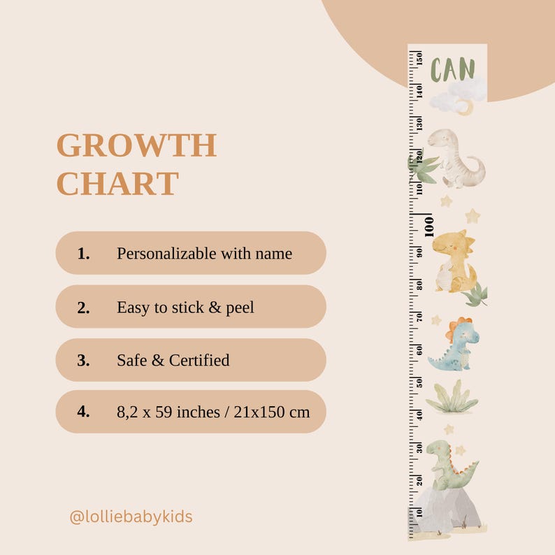 Growth Chart, Personalized Growth Chart Wall Decal, Dinosaur Growth ...