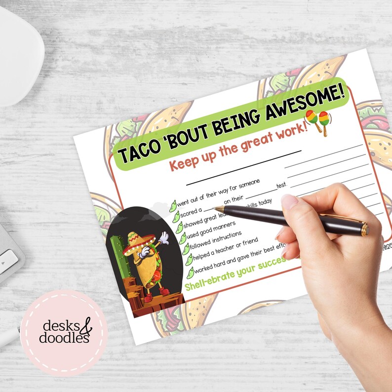 Teacher Brag Notes Printable - Taco ‘bout Being Awesome Student Reward ...