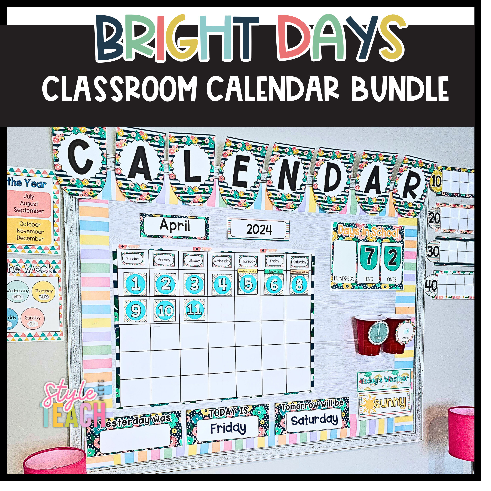 Bright Days Classroom Calendar Set With Weather, Patterns, Days of the ...