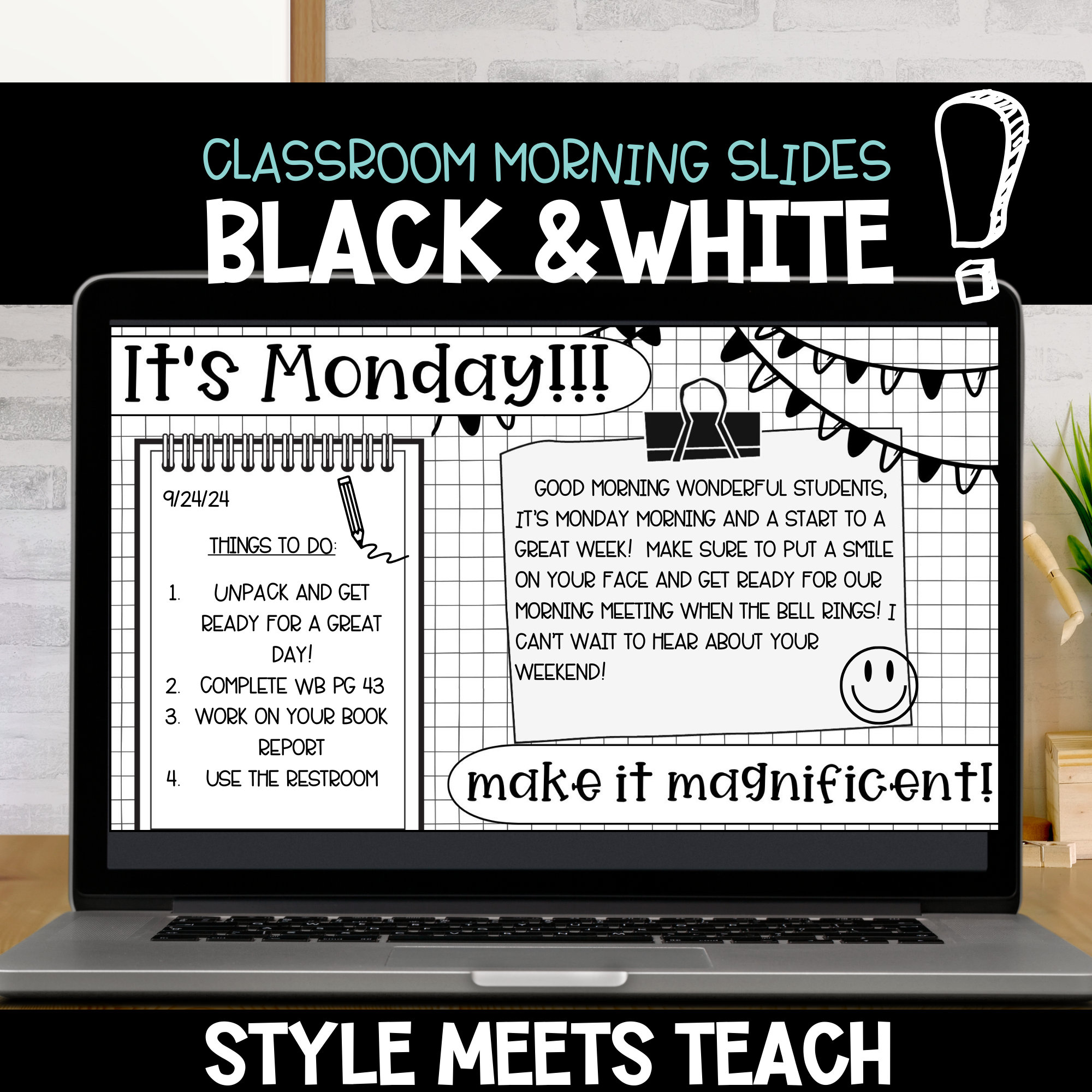 EDITABLE Black & White Classroom Slides Morning Meeting Slides ...