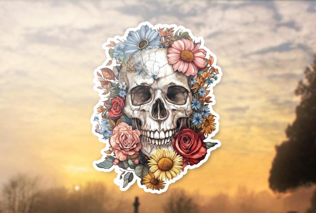 Skull Floral Vinyl Sticker, Flower Skull Decal, Gothic Laptop Sticker ...