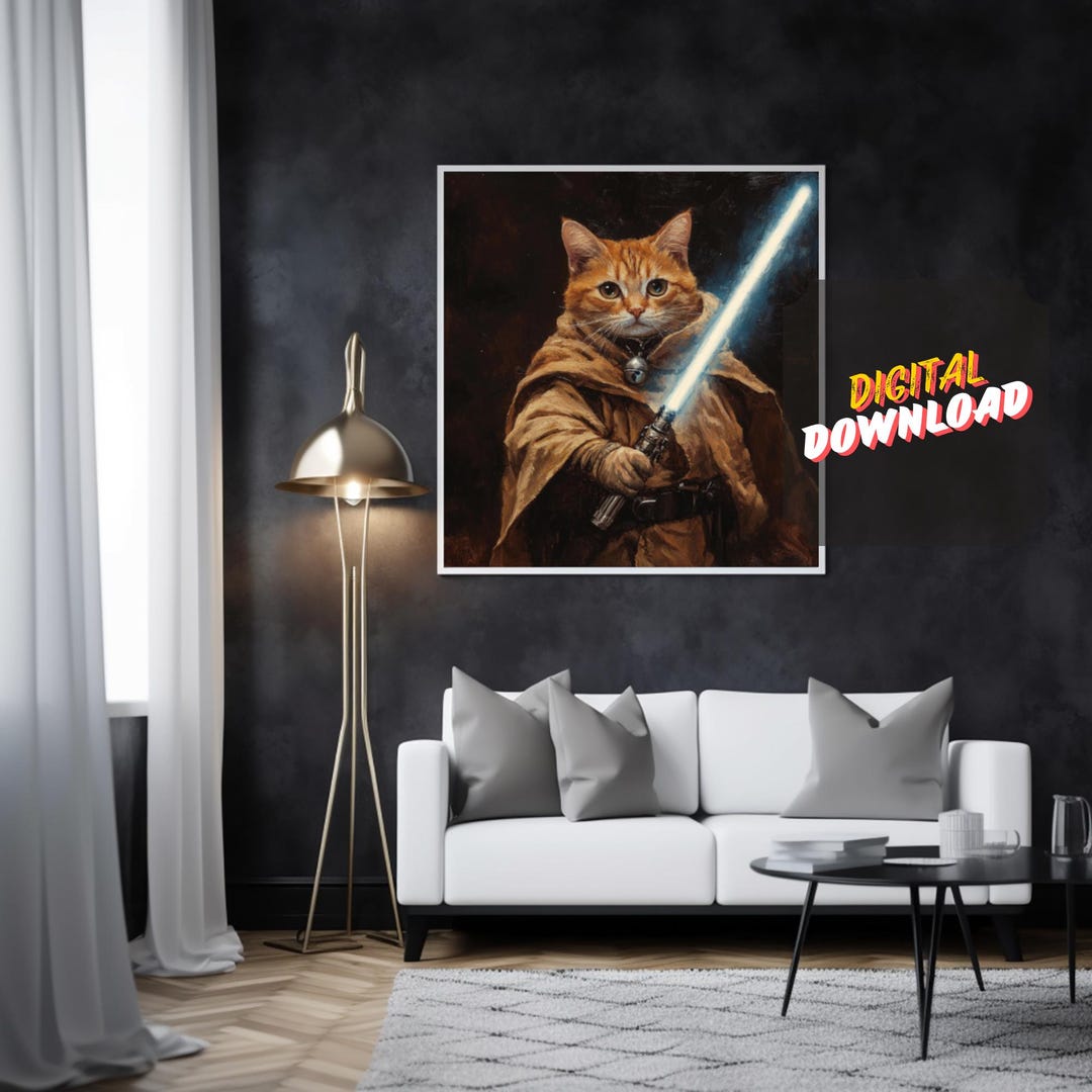 Orange Cat Jedi Digital Art Print, Star Wars Cat Wall Decor, Jedi Cat ...