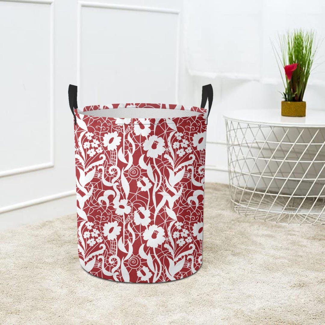 Lace Cherry Red Floral Laundry Basket Vintage Laundry Bin Boho Hamper ...