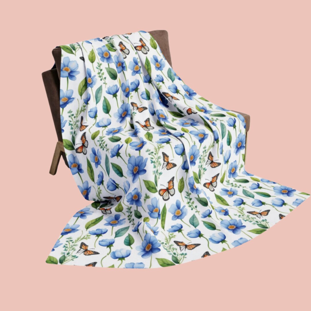 Monarch Butterfly Blanket, Blue Wildflowers Cottagecore Botanical Boho ...