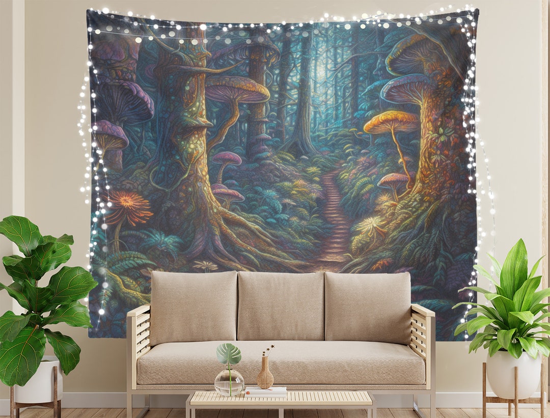 Vibrant Psychedelic Tapestry, Mushroom Forest Tapestry, Colorful Home ...