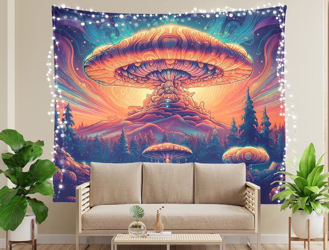 Vibrant Psychedelic Tapestry, Mushroom Tapestry, Colorful Home Decor ...