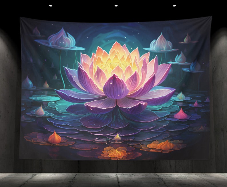 Vibrant Psychedelic Tapestry, Lotus Tapestry, Lily Pond Lotus, Colorful ...