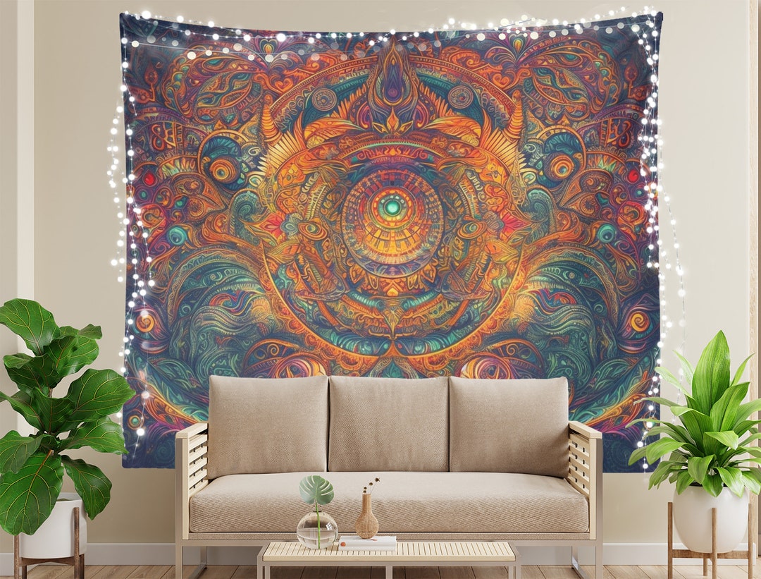 Vibrant Psychedelic Fire Mandala Tapestry, Colorful Wall Hanging Home ...