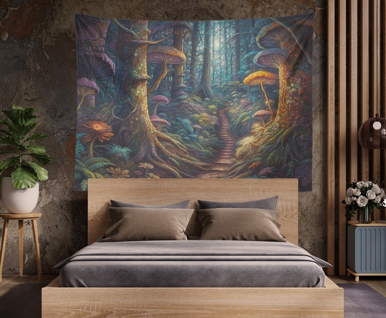 Vibrant Psychedelic Tapestry, Mushroom Forest Tapestry, Colorful Home ...
