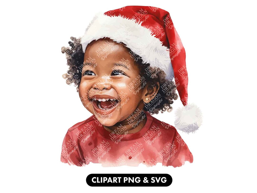 Adorable Black Girl in Santa Hat, Christmas Clipart, Black Baby Girl ...
