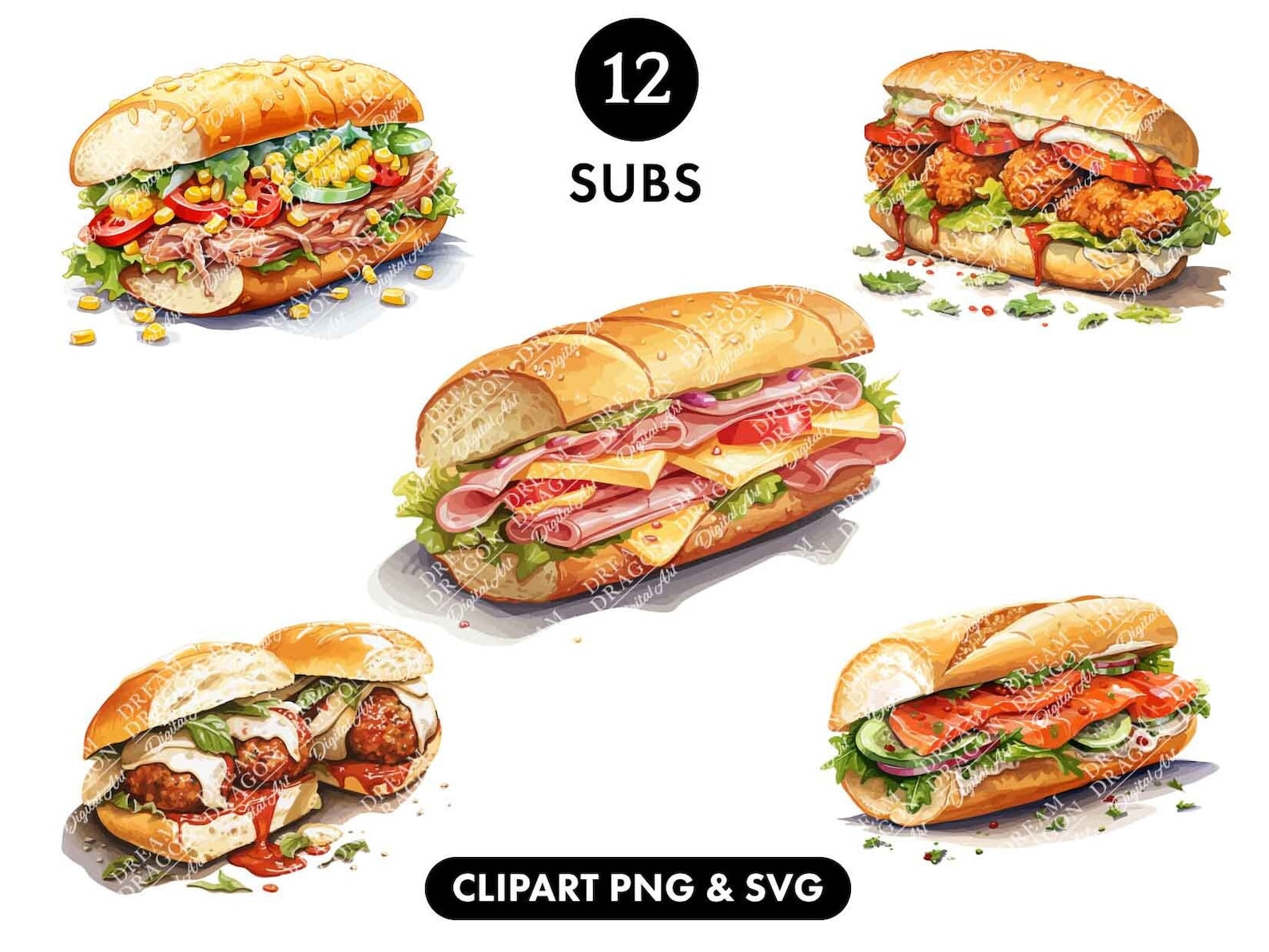 Sub Sandwiches Clipart SVG, Sandwich Clipart, Food Illustrations ...