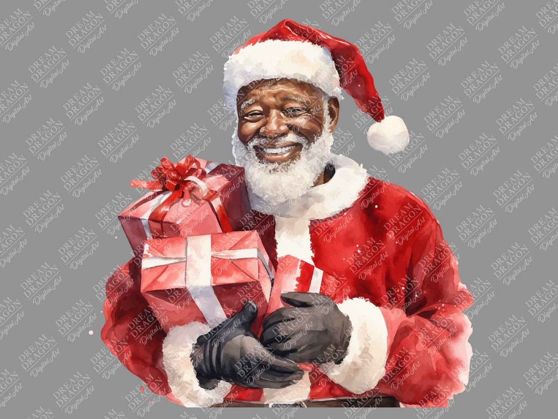 Black Santa Claus Holding Christmas Present, Festive Clipart, Black ...