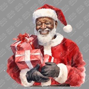 Black Santa Claus Holding Christmas Present, Festive Clipart, Black ...