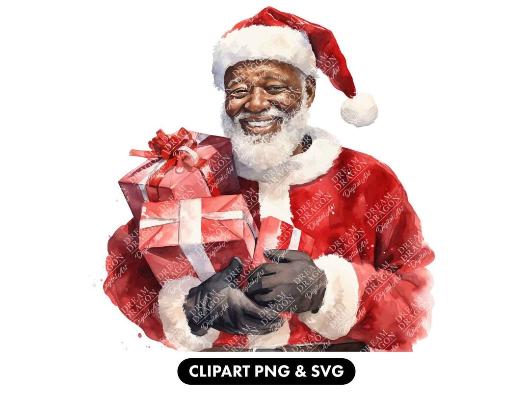 Black Santa Claus Holding Christmas Present, Festive Clipart, Black ...