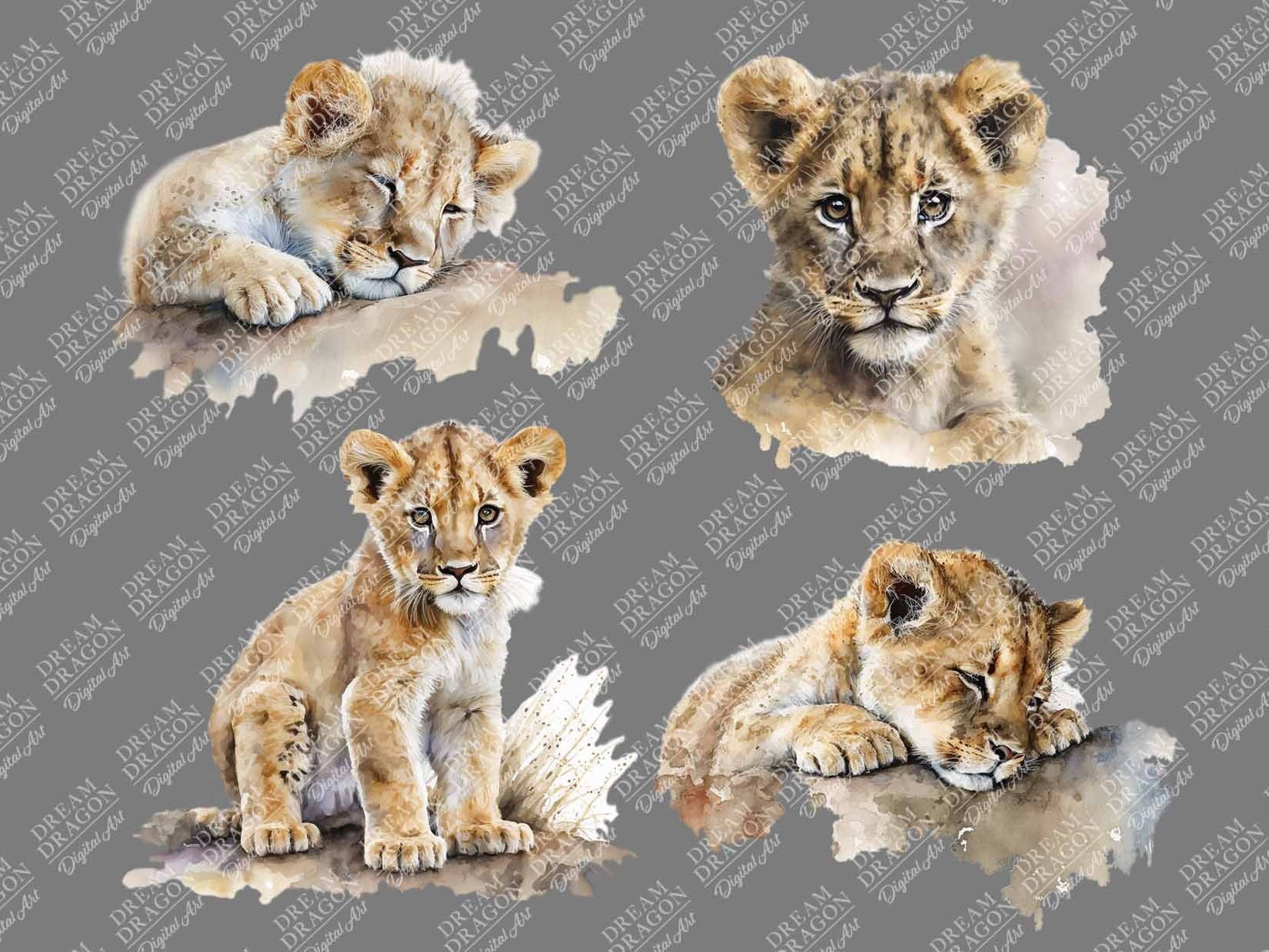 Cute Lion Cubs Watercolor Clipart Bundle, Png Files, Jungle Nursery ...