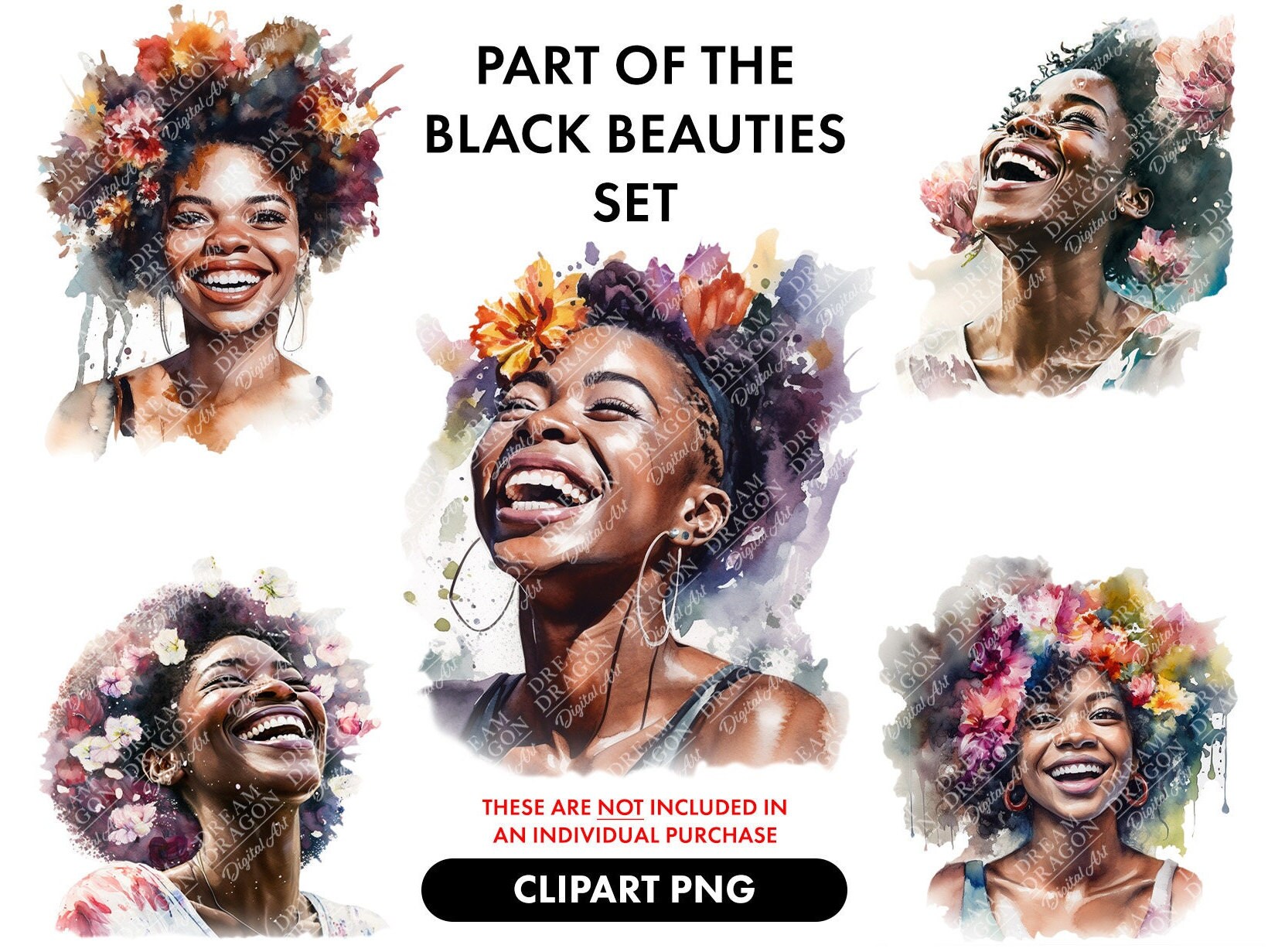 Smiling Afro Girl Portrait, Clipart, Black Girl Portrait, Watercolor ...