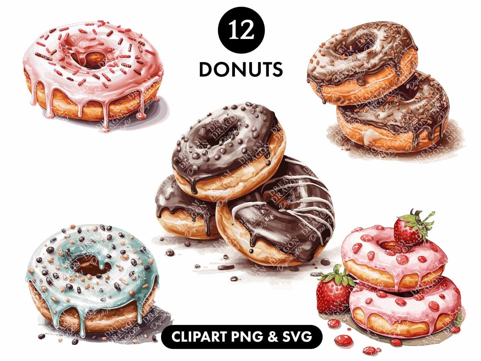 Donut Clipart Bundle, Dessert Clipart SVG, Food Illustration Clipart ...