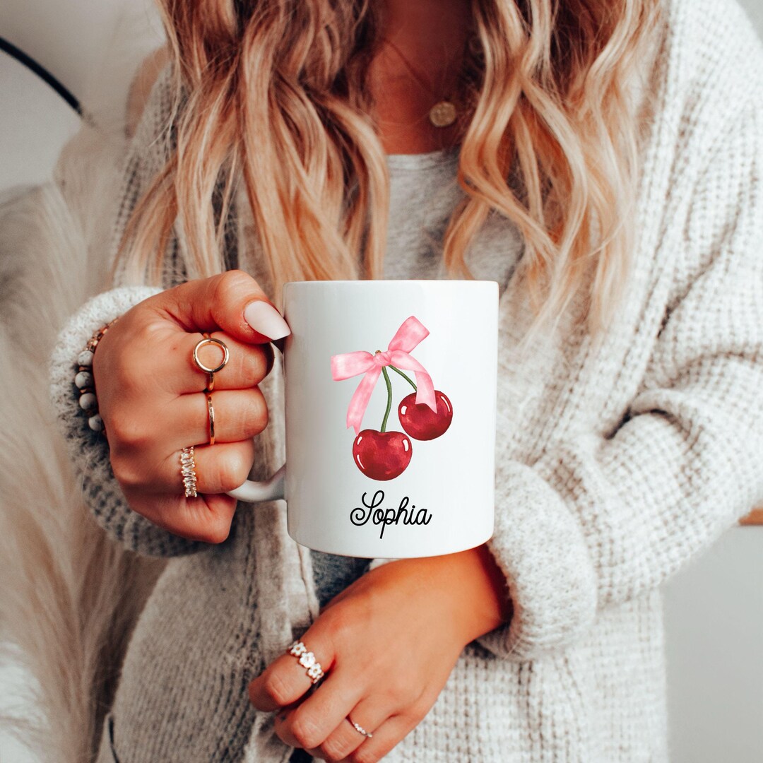 Personalized Cherry Mug, Coquette Aesthetic Mug, Custom Name Mug, Pink ...