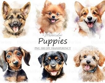 Dog 20pc PNG Watercolor Clipart, Cute Crossbreed Breeds, Puppies Bundle ...