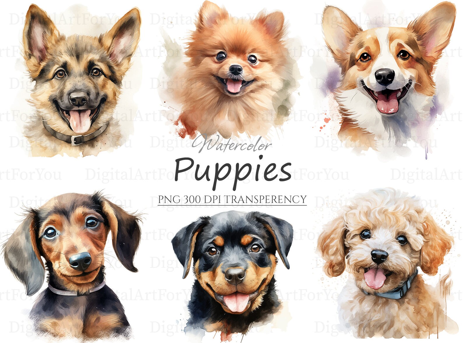 Dog 20pc PNG Watercolor Clipart, Cute Crossbreed Breeds, Puppies Bundle ...