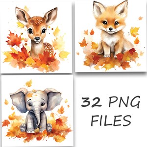 Fall Baby Animals in Leaves 32pc PNG & SVG | Baby Animals Clipart ...