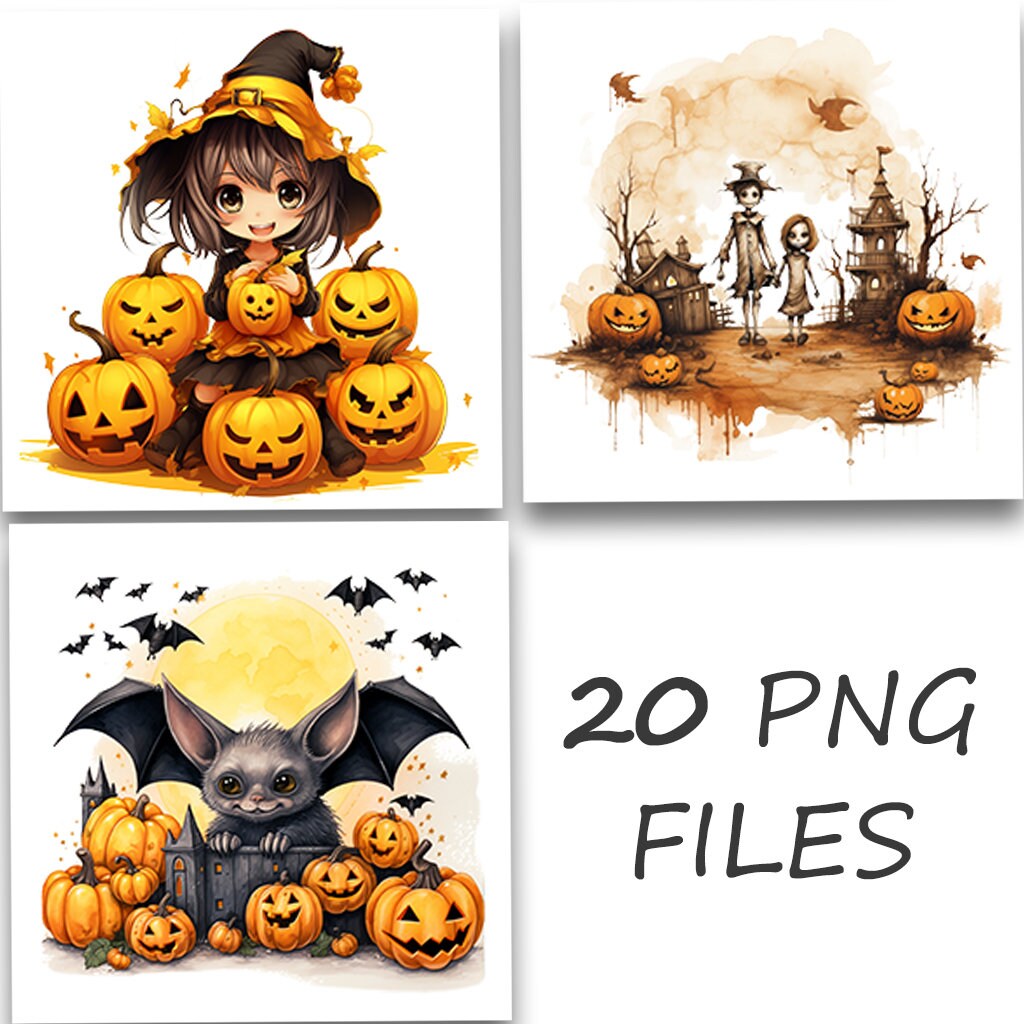 Watercolor Happy Halloween Clipart 20pc PNG & SVG Graphics - Etsy