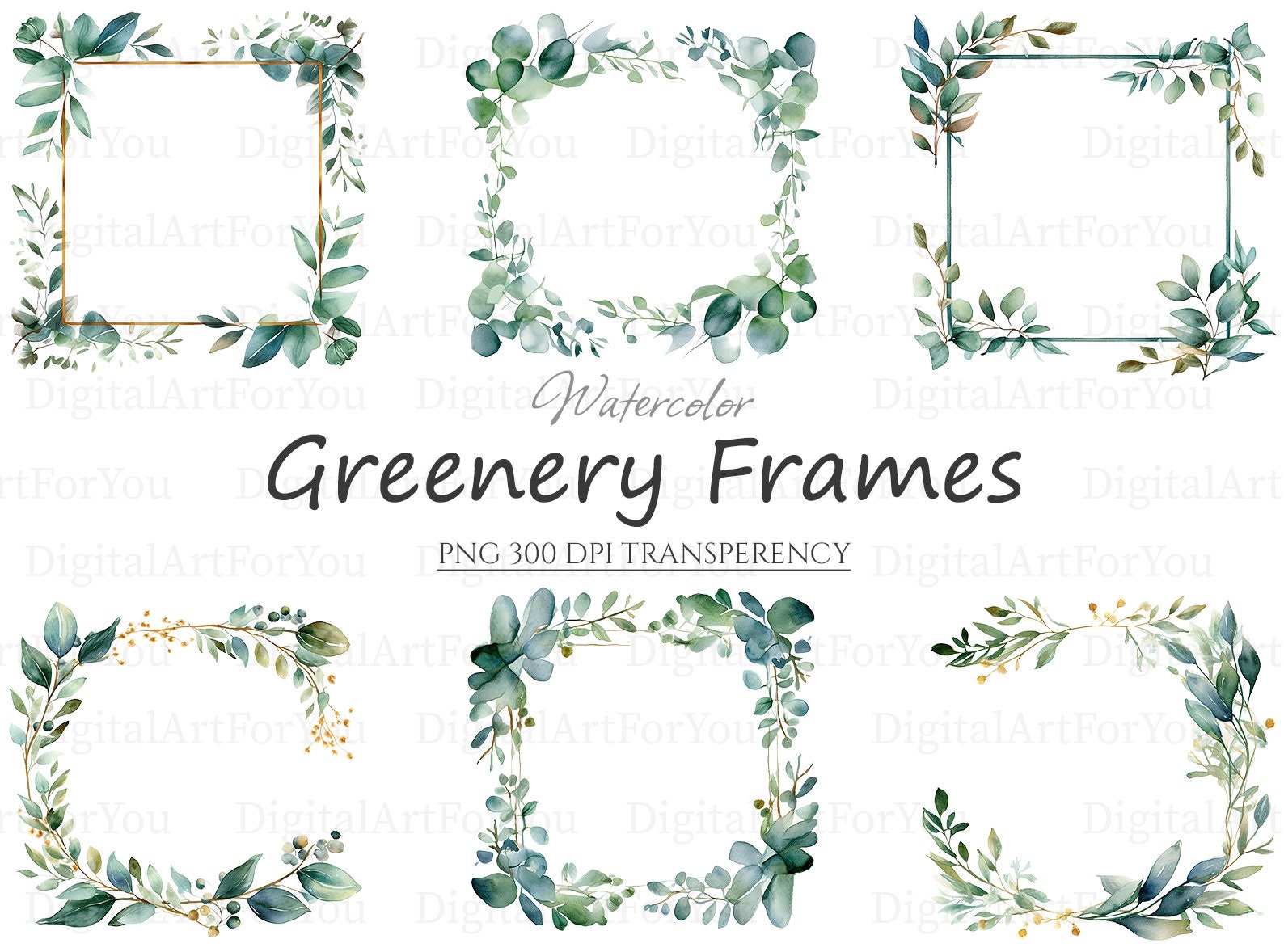 Watercolor Greenery Frames Borders 20pc PNG Clipart Greenery Bundle ...