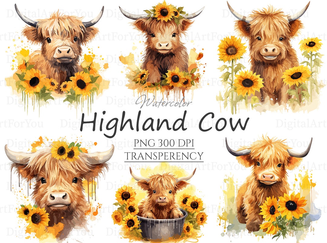 Sunflower Highland Cow 20pc PNG & SVG | Sunflower Clipart PNG | Floral ...