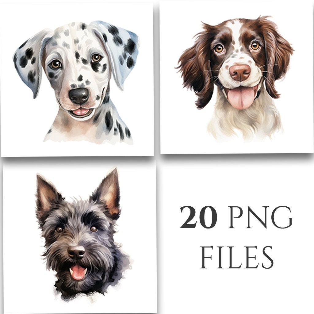Dog 20pc PNG Watercolor Clipart, Cute Breeds, Puppies Bundle PNG, Puppy ...