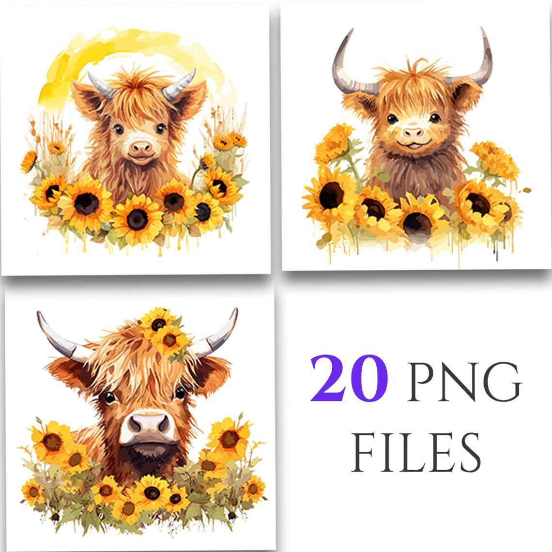 Sunflower Highland Cow 20pc PNG & SVG | Sunflower Clipart PNG | Floral ...