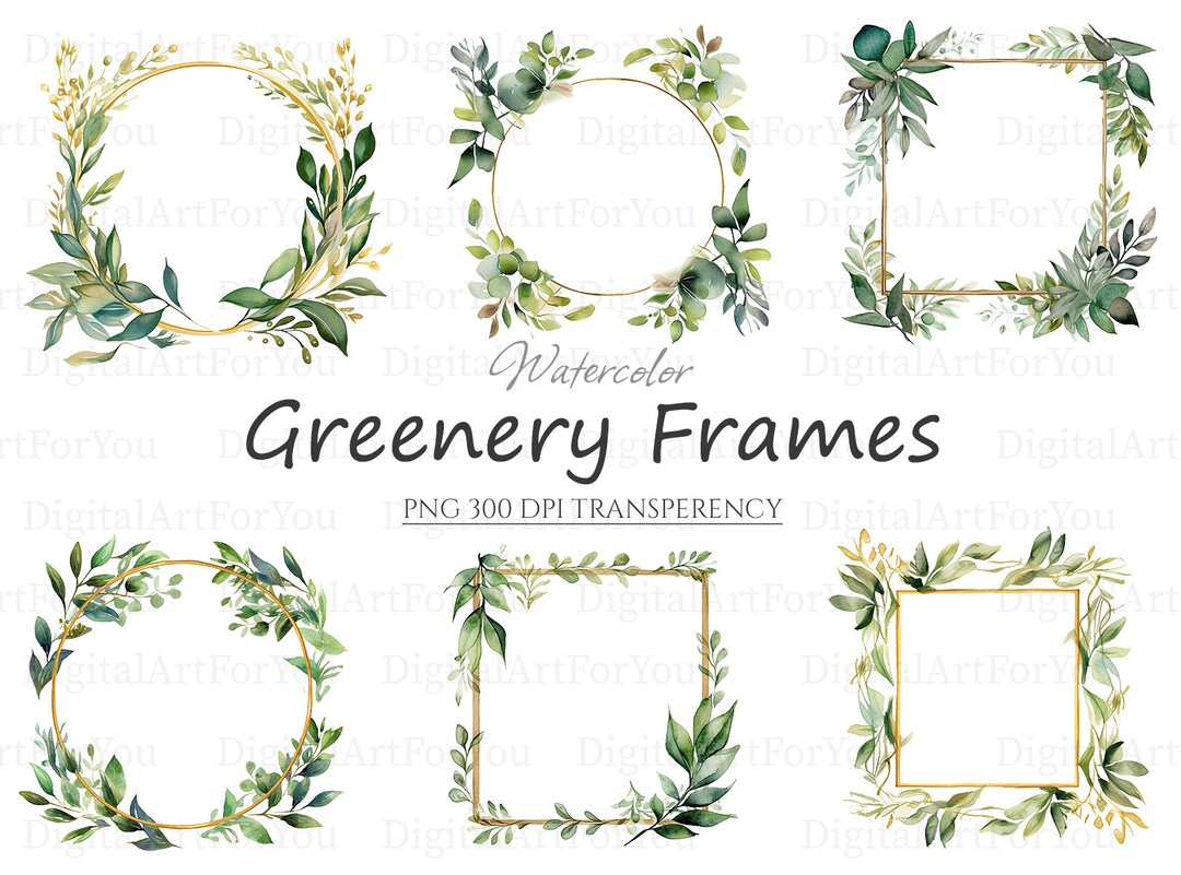 Watercolor Greenery Frames Borders 20pc PNG Clipart | Greenery Bundle ...