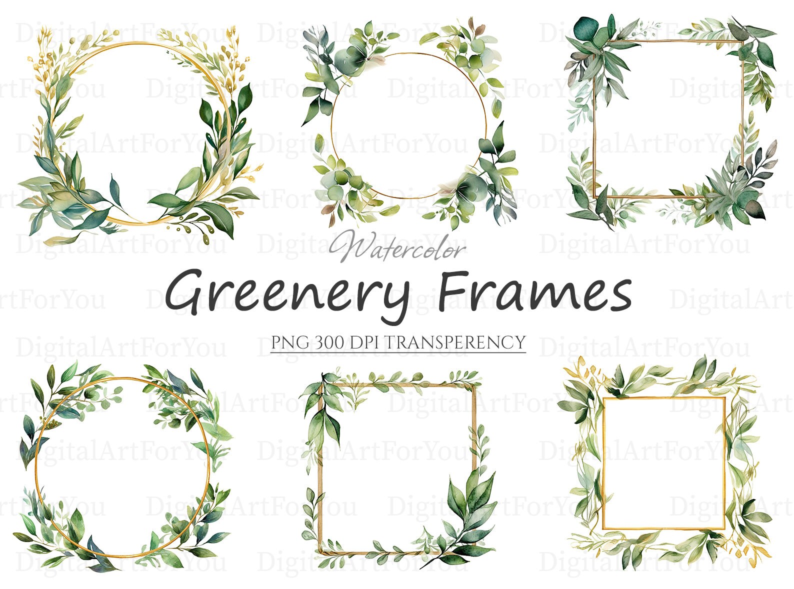 Watercolor Greenery Frames Borders 20pc PNG Clipart Greenery Bundle ...